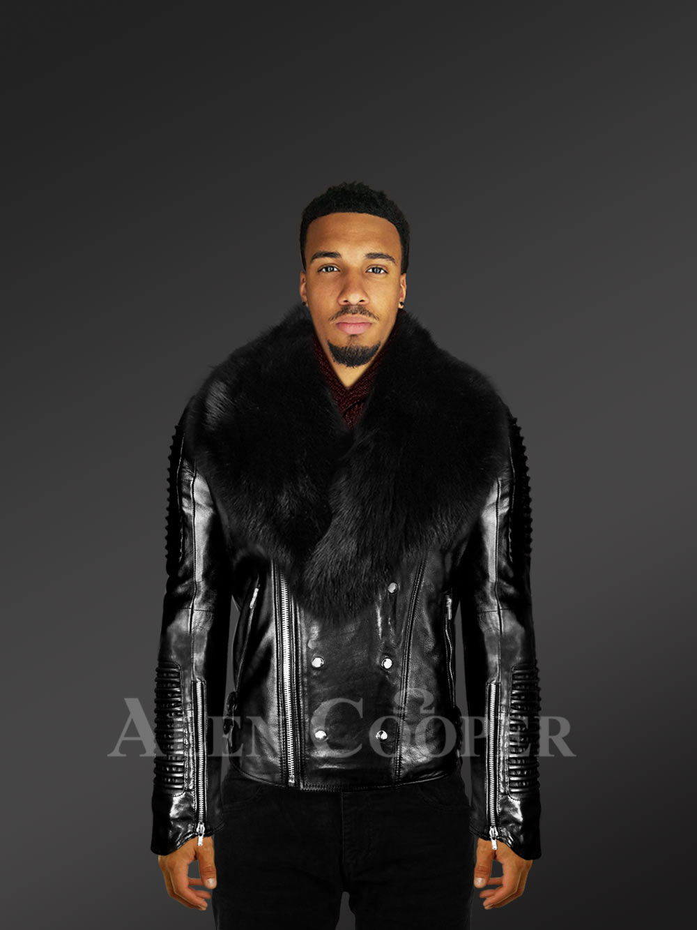 Exclusive Men Shearling Jacket With Silver Fox Detailing