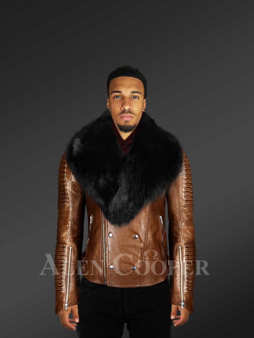 Exclusive Men Shearling Jacket With Silver Fox Detailing