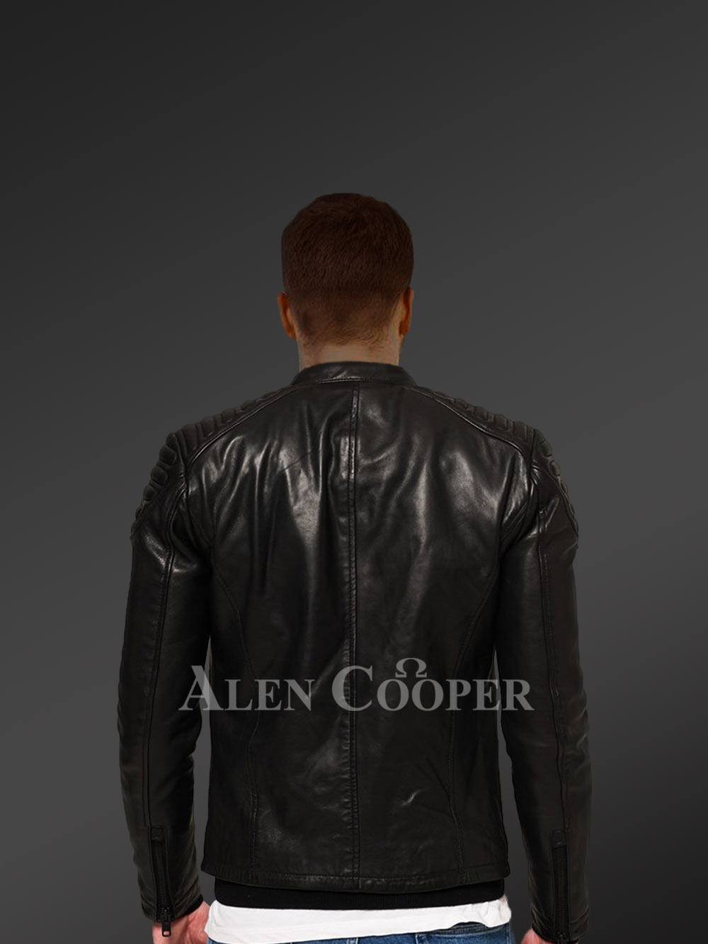 Men’s classy coal-black collarless real leather sturdy winter jacket