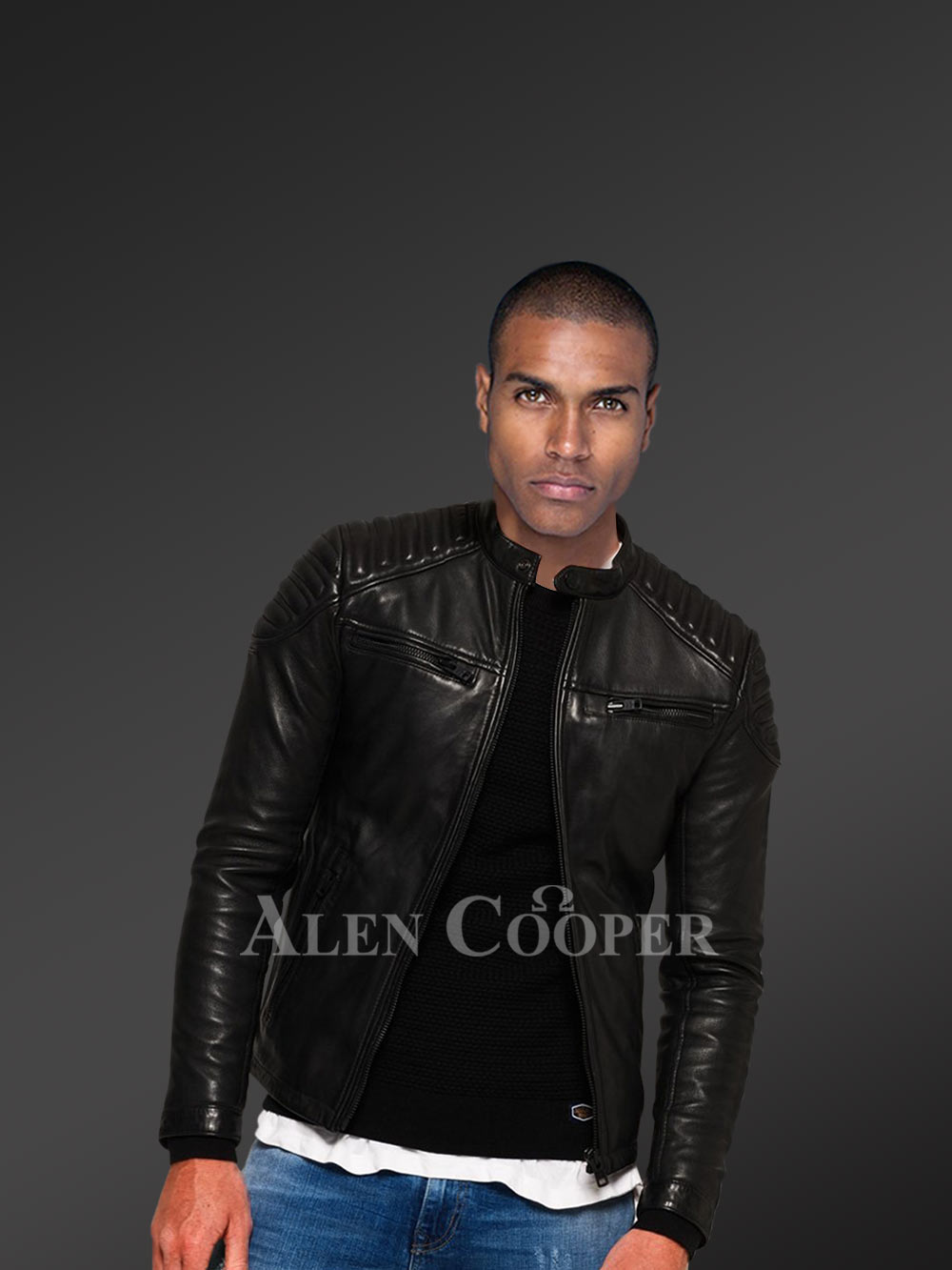 Men’s classy coal-black collarless real leather sturdy winter jacket