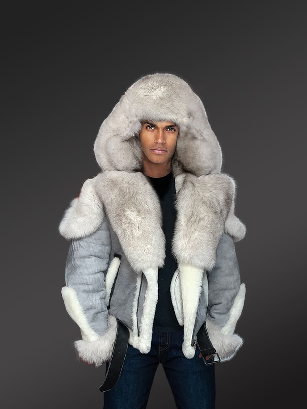 Exclusive Men Shearling Jacket With Silver Fox Detailing