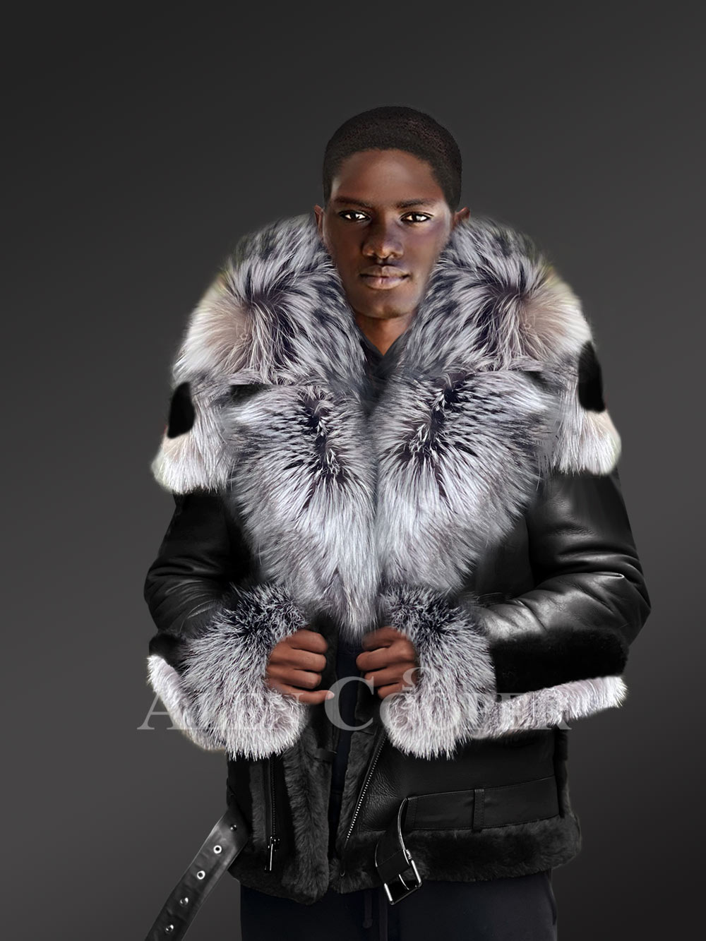 Exclusive Men Shearling Jacket With Silver Fox Detailing