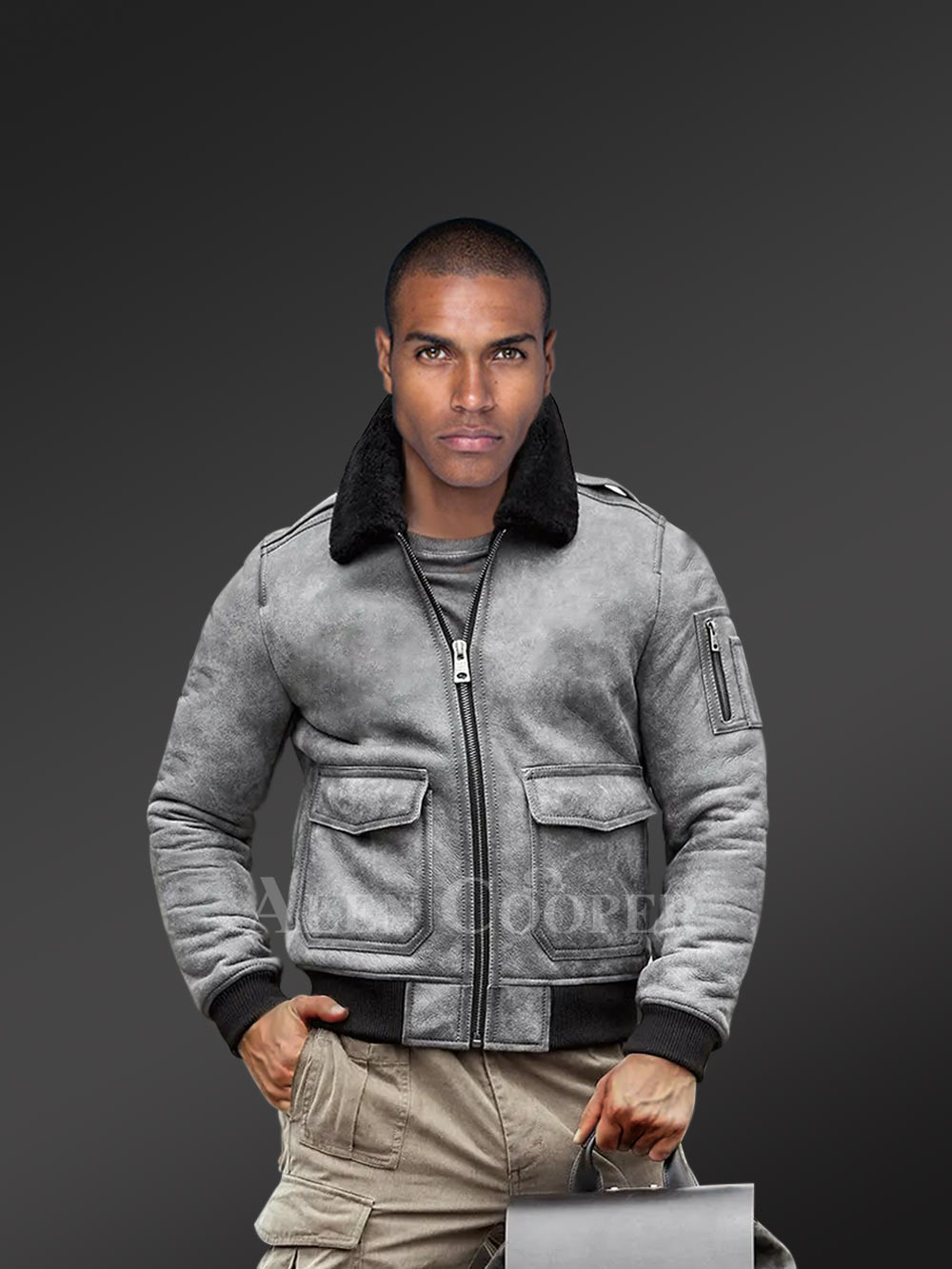 Grey Suede Finish Authentic Shearling Jacket