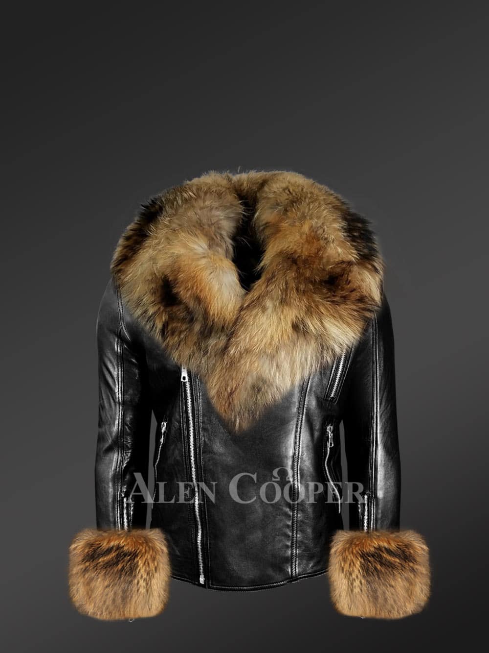 Biker Leather Jacket With Fox Fur Hood And Cuffs