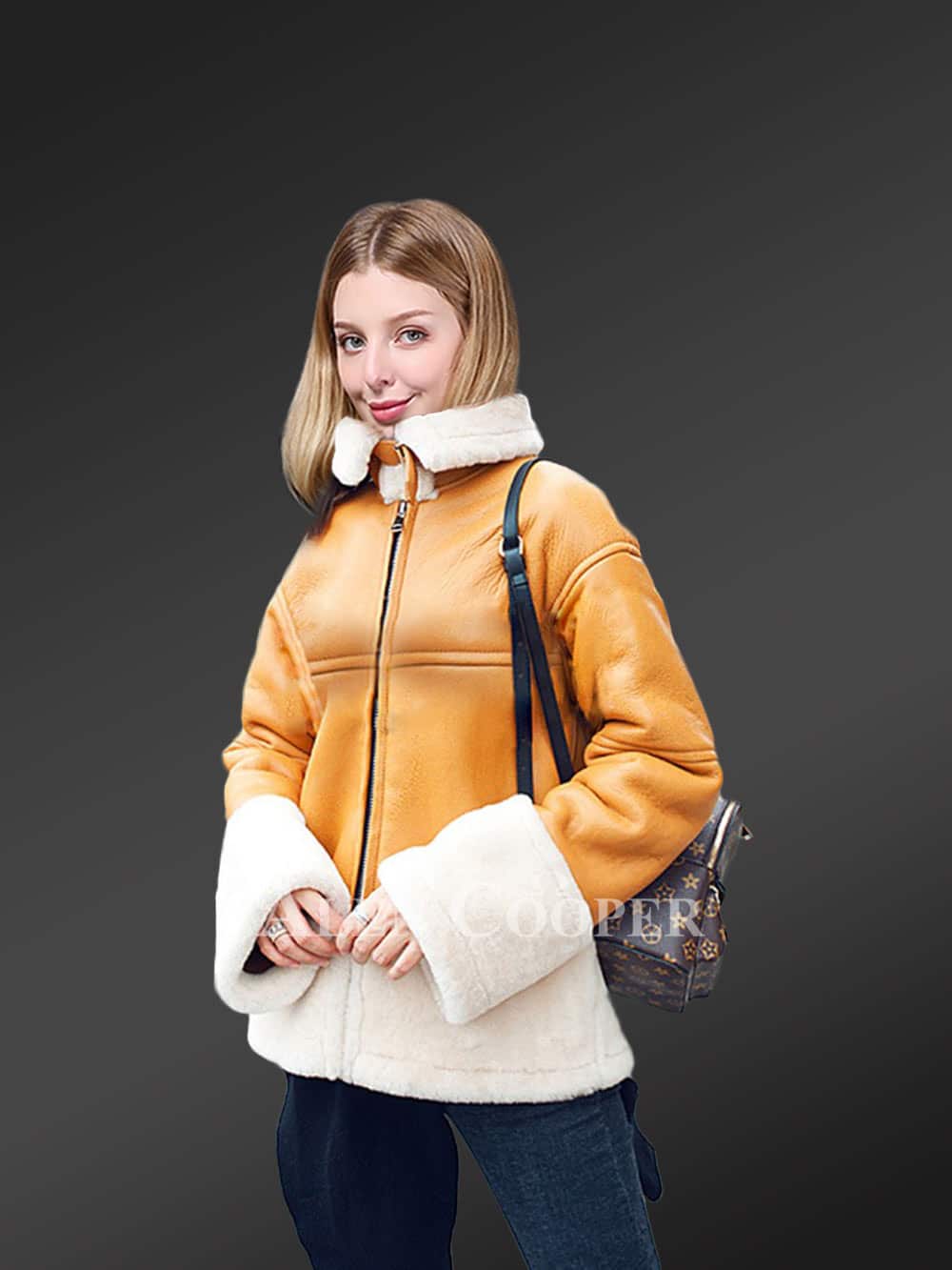 Sheepskin shearling jacket for women in Light brown
