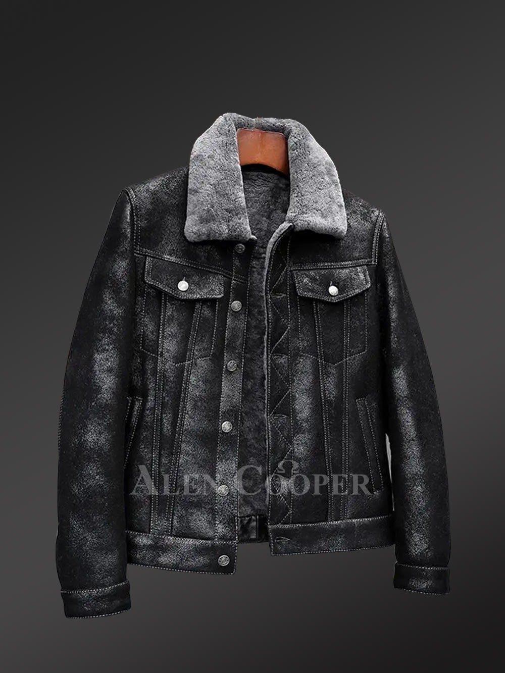 Black Denim Style Shearling Jacket For Men