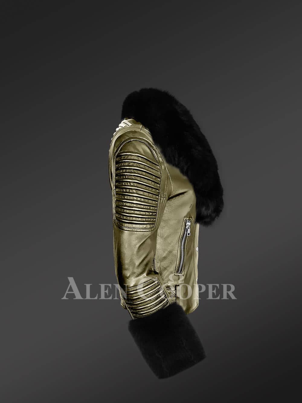 Biker Leather Jacket With Fox Fur Hood And Cuffs