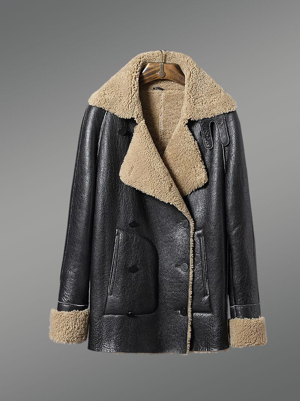 Authentic Shearling Jacket With Double Breasted Greyish Wool Lining