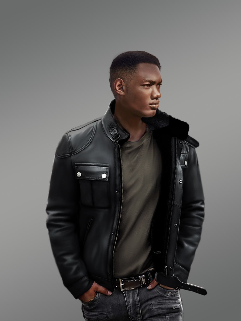 Black Nappa Shearling Jacket With Patchwork