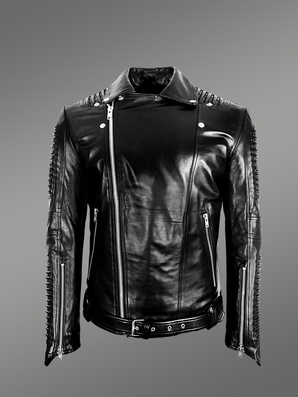 Chic authentic leather jacket with belt for stylish men