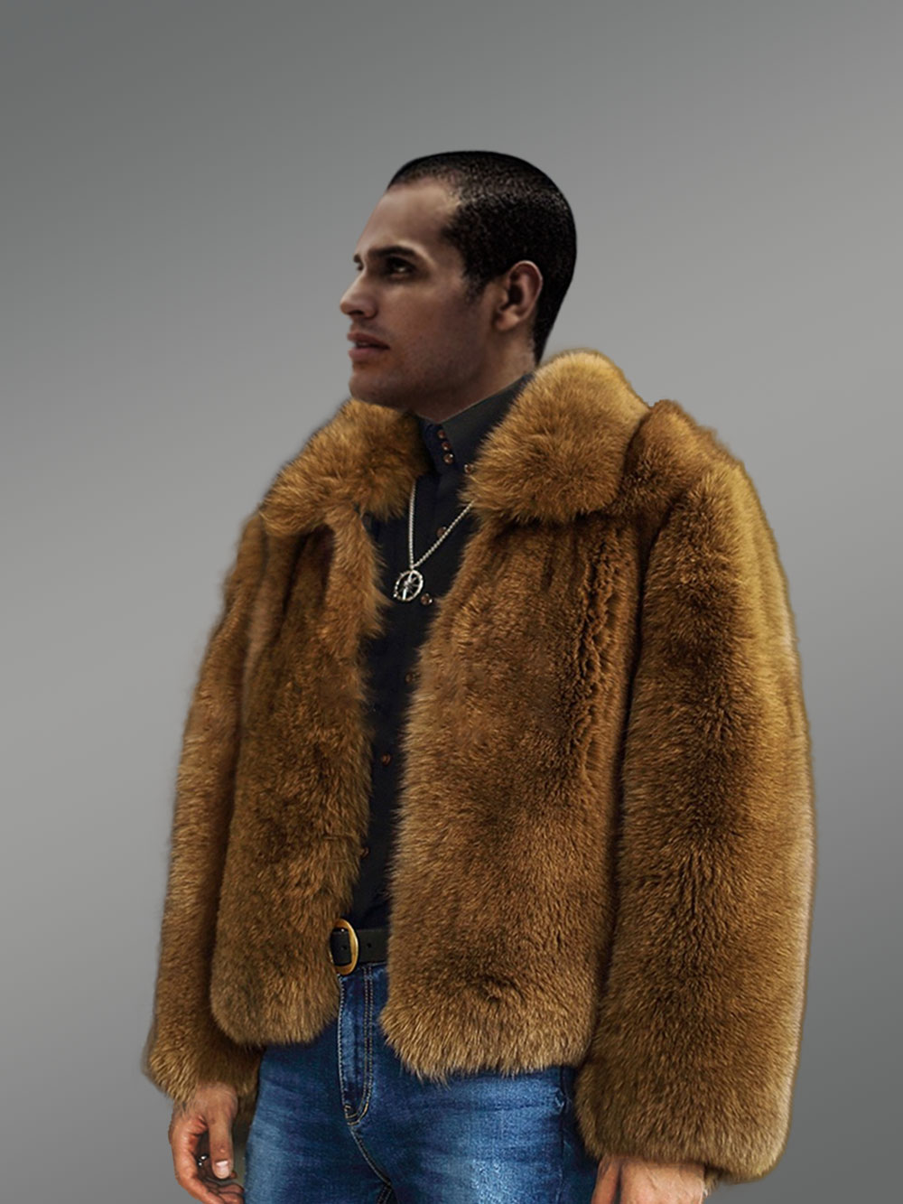 Classic Brown Fox Fur Bomber Jacket For Men