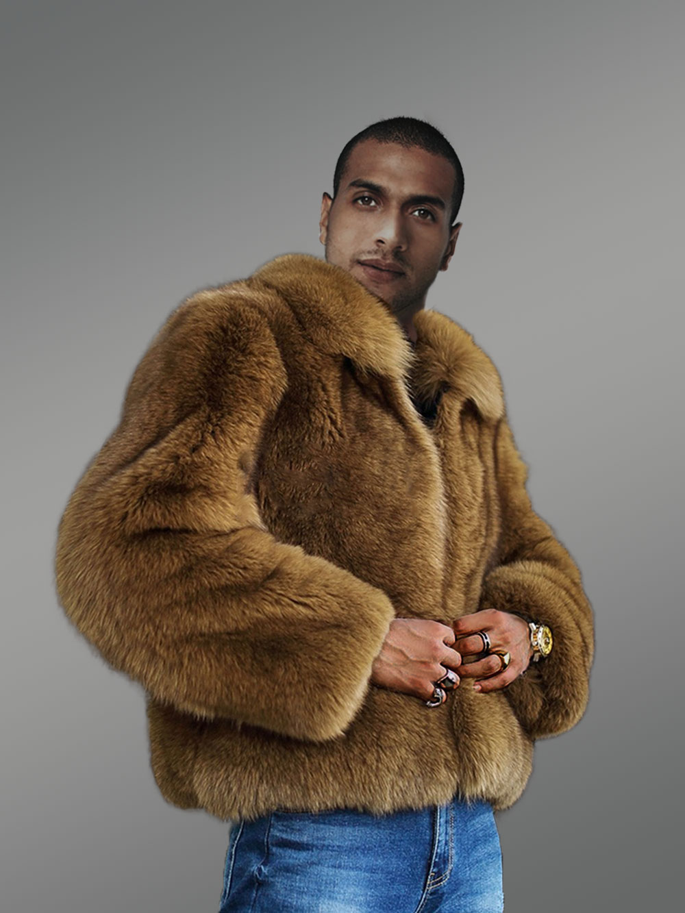 Classic Brown Fox Fur Bomber Jacket For Men