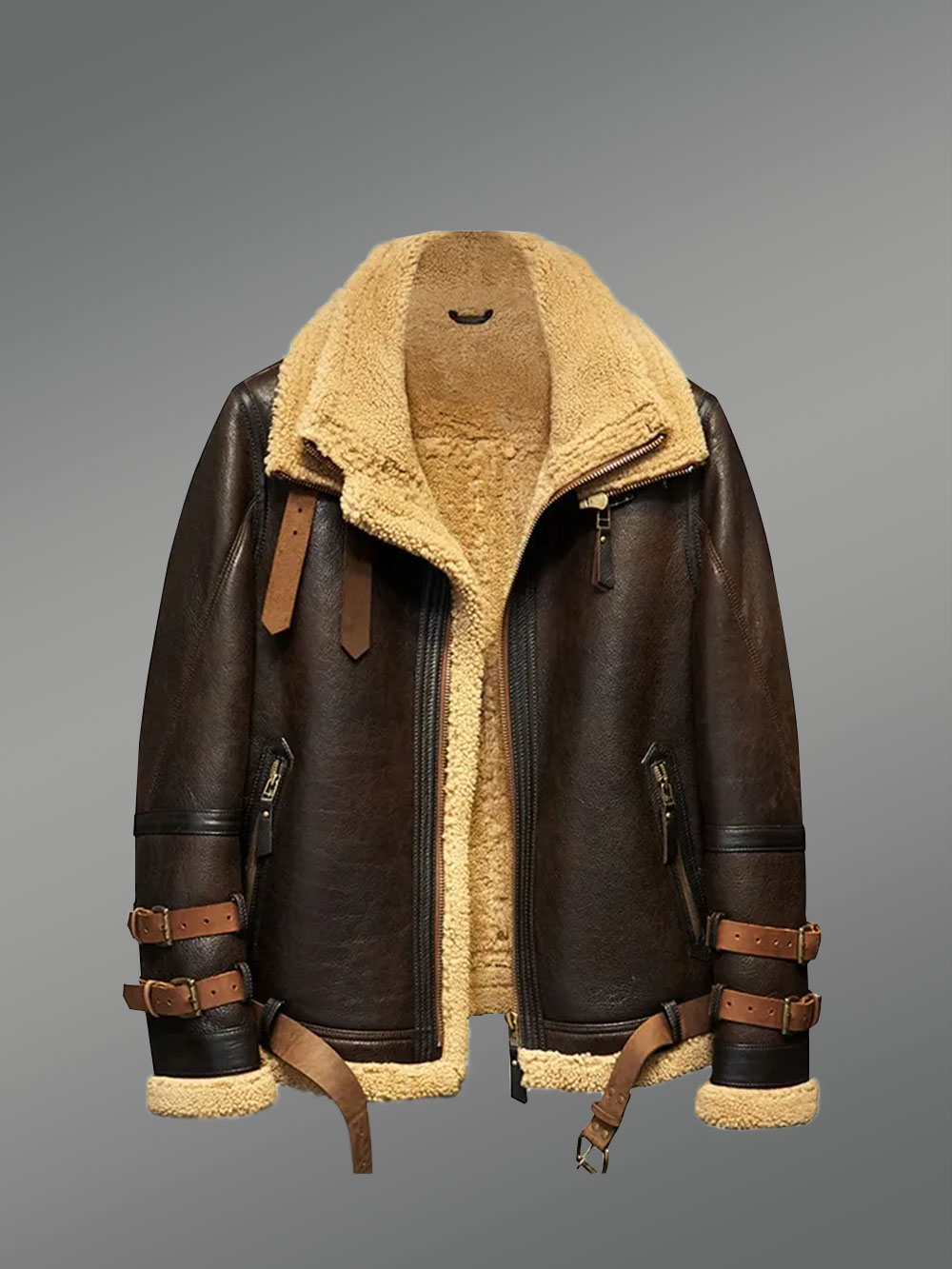 Coffee Brown Shearling Jacket With Cognac Belts