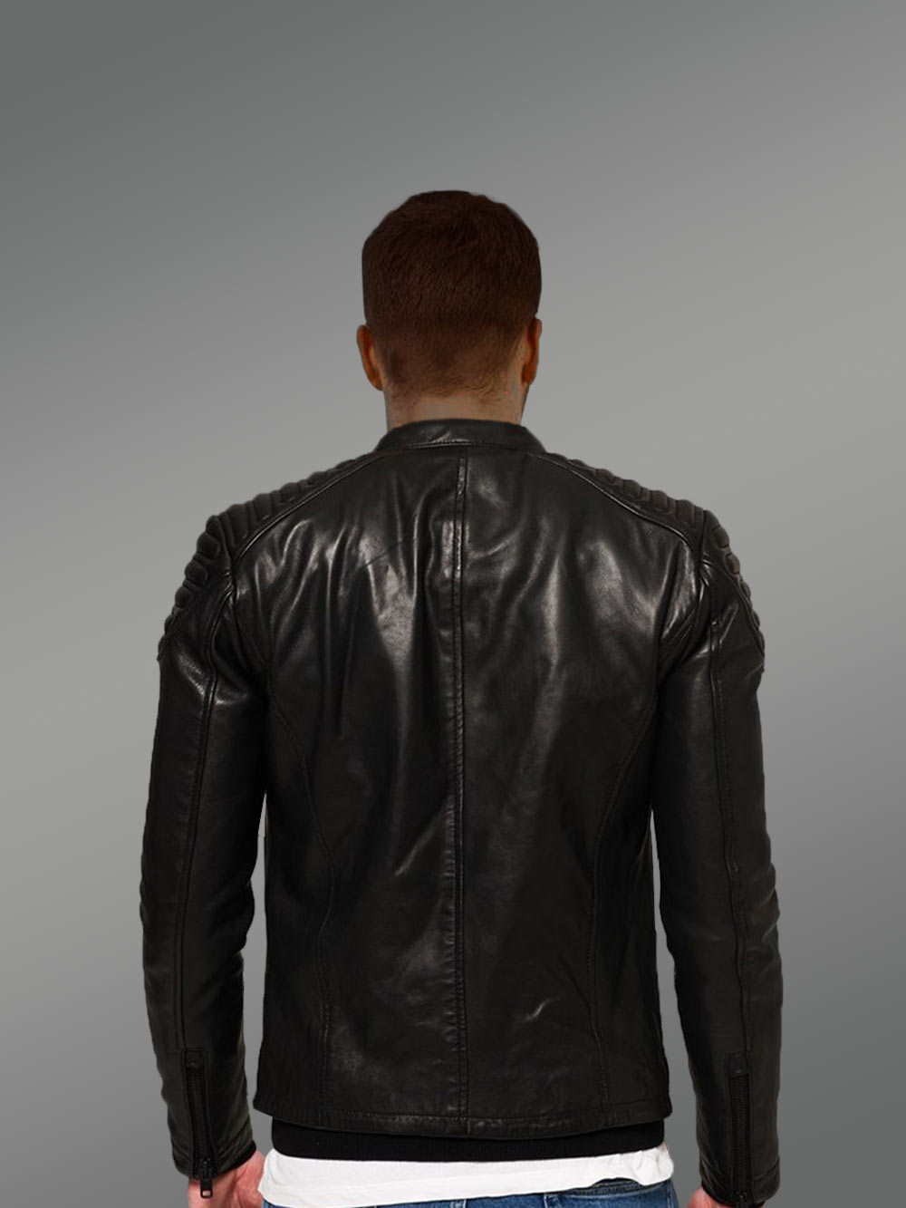 Men’s classy coal-black collarless real leather sturdy winter jacket