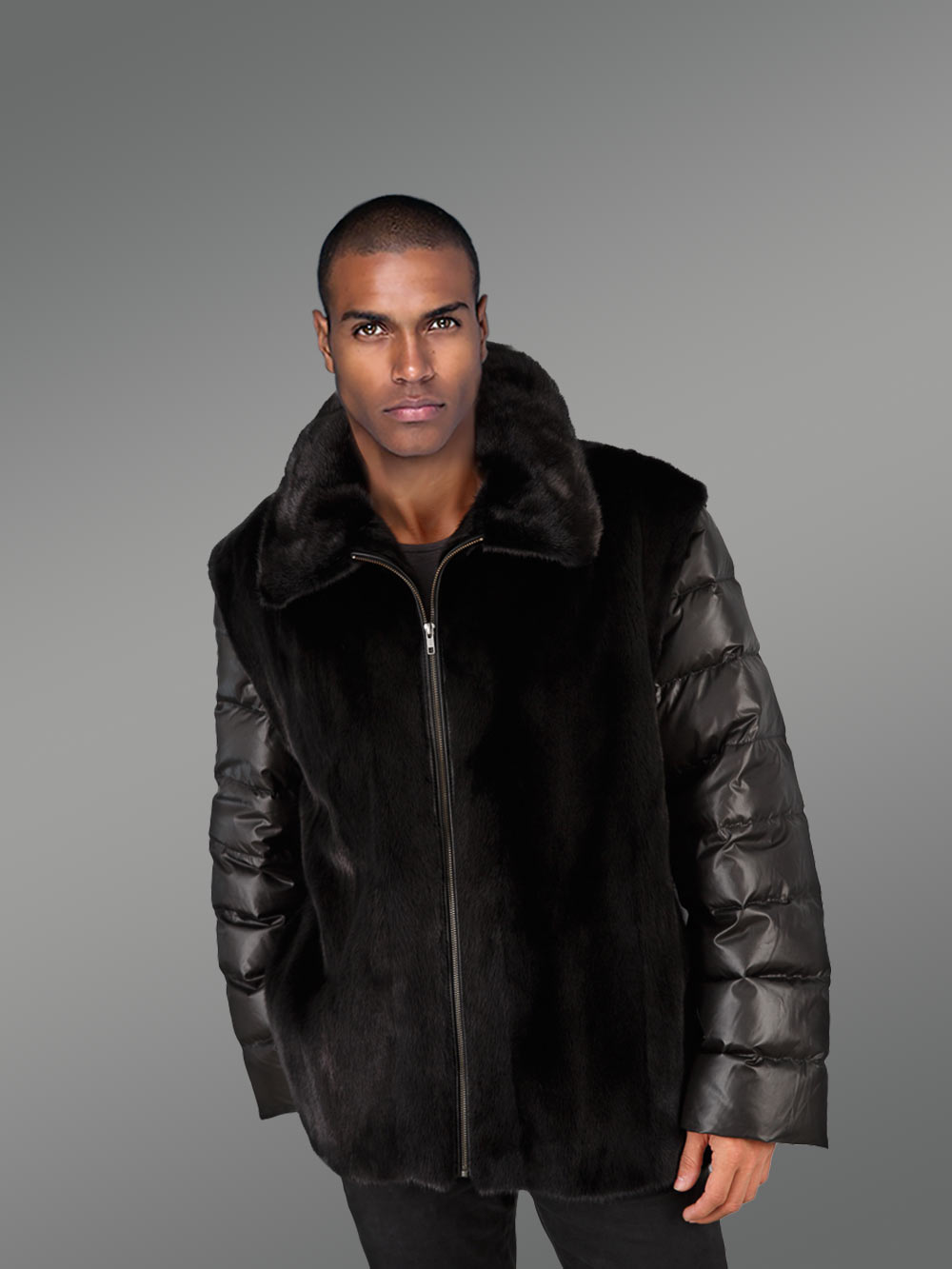 Men’s Mink Jacket with Quilted Sleeves and Mink Vest