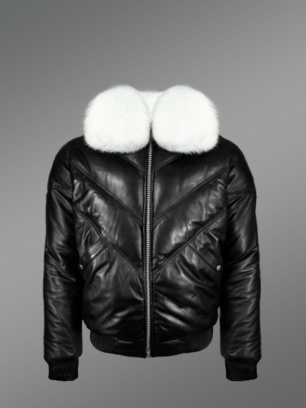 Black Leather Bomber Jacket with Fur