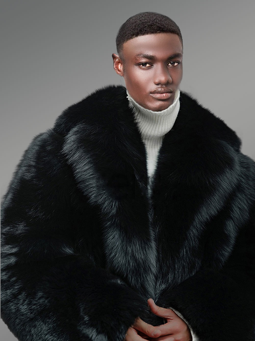Mysterious Black Long Fox Fur Coat for Passionate Men