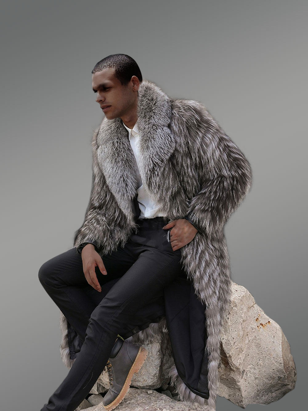 Silver Fox Fur Long Coat For Men