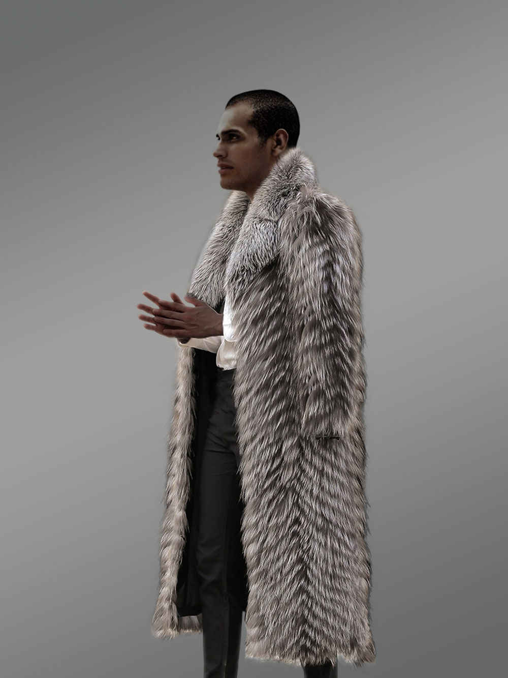 Silver Fox Fur Long Coat For Men