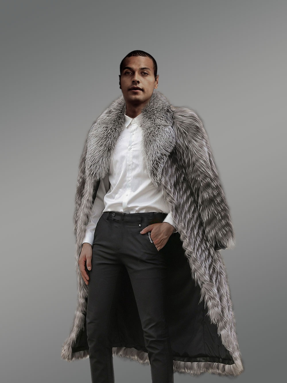 Silver Fox Fur Long Coat For Men