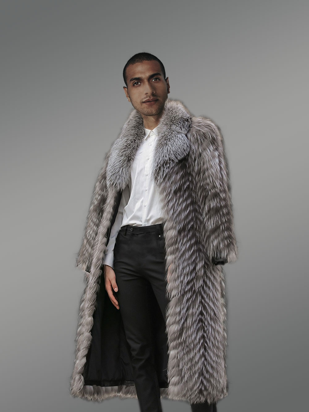 Silver Fox Fur Long Coat For Men