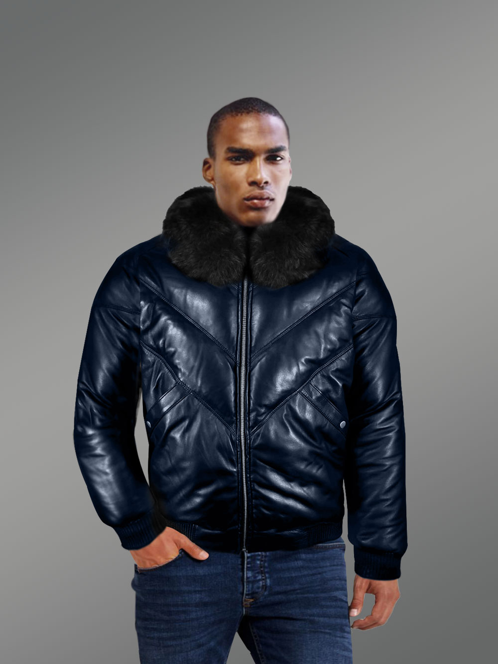 Super stylish vintage real leather v bomber jacket with crystal fox fur ...