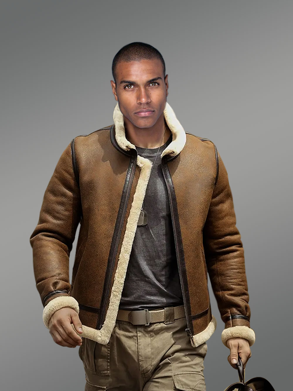 Tan Brown Shearling Bomber jacket For Men With Leather Lining