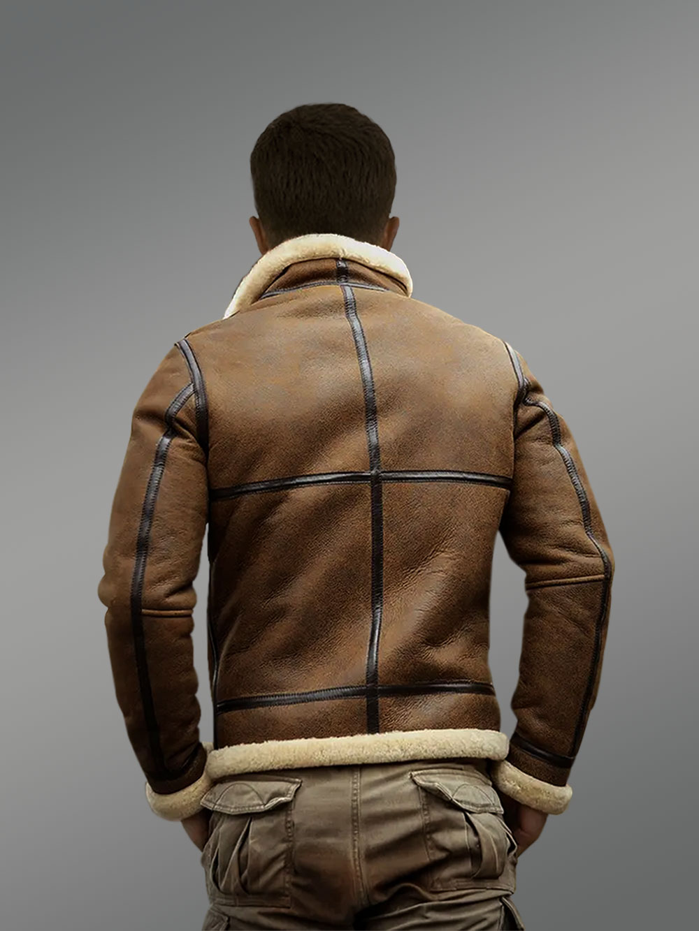 Tan Brown Shearling Bomber jacket For Men With Leather Lining