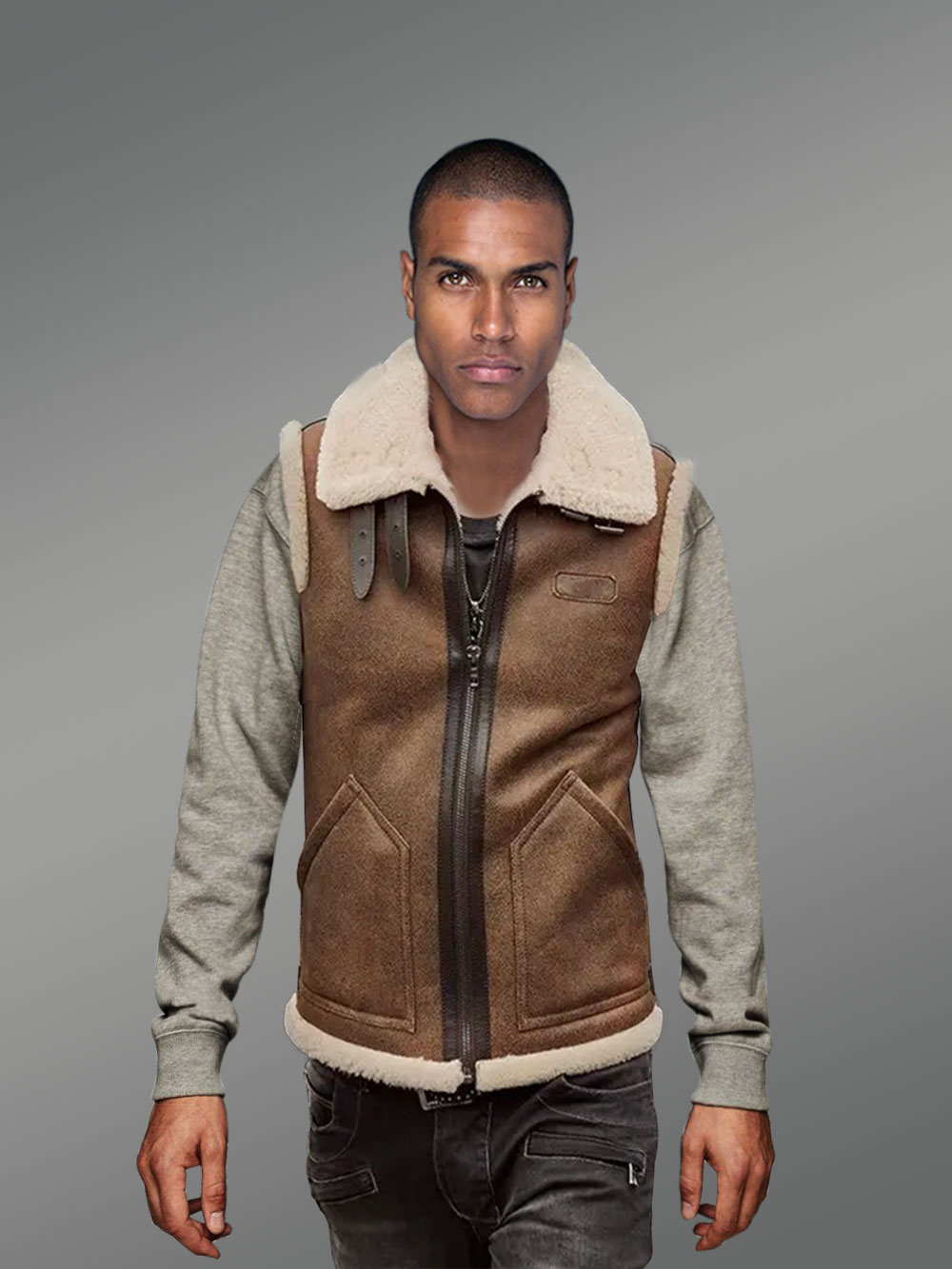 Tan Brown Shearling Vest For Men