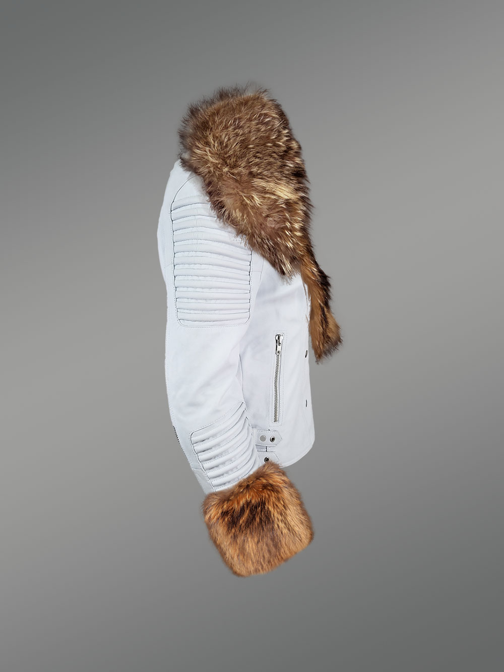 Authentic white leather jacket with removable fur collar and handcuffs