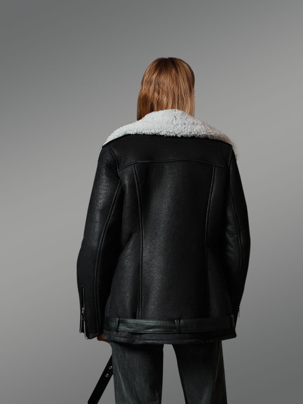 Black Sheepskin Shearling Jacket With White Wool Detailing