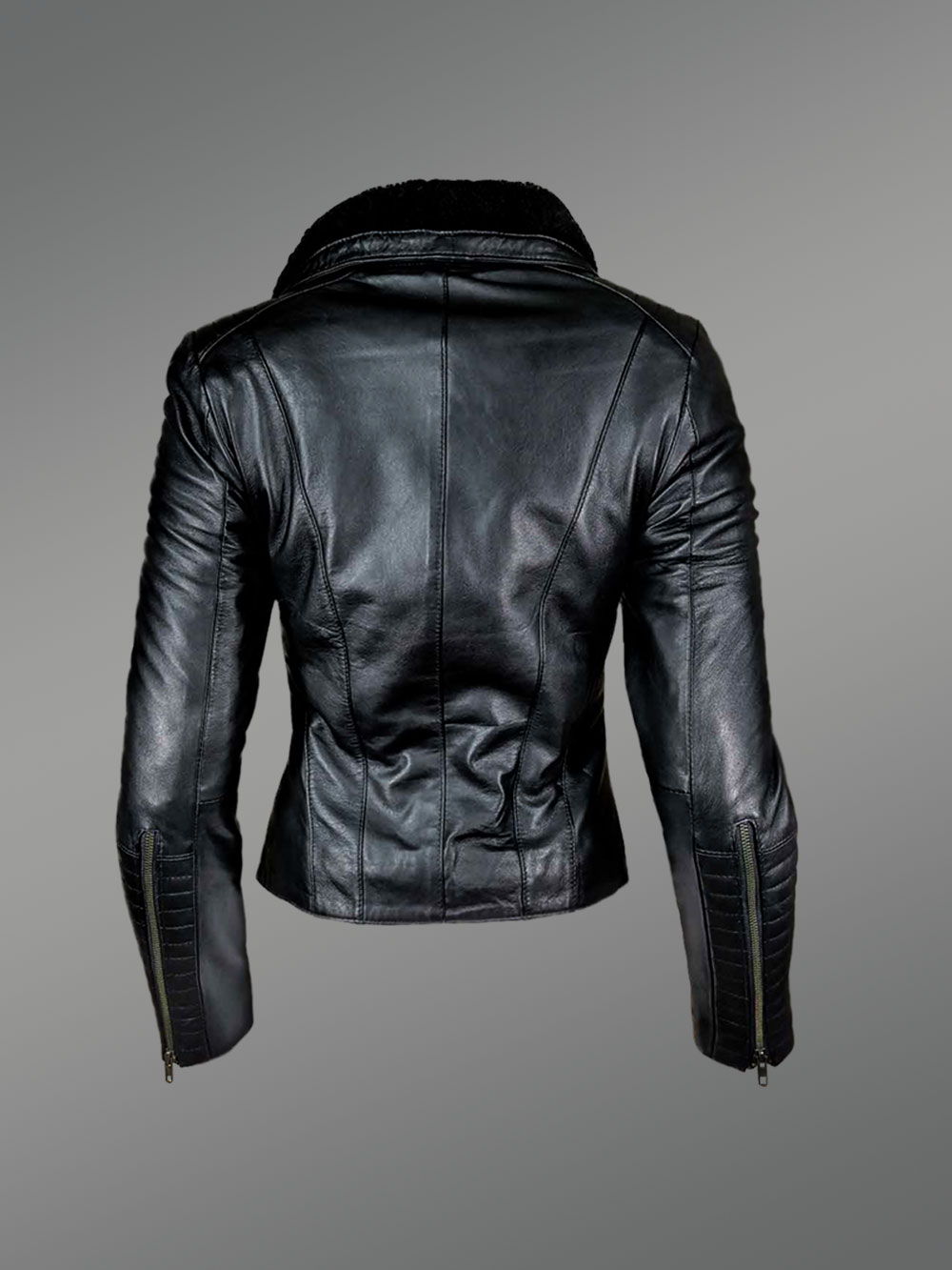 Black leather with fur jacket for women