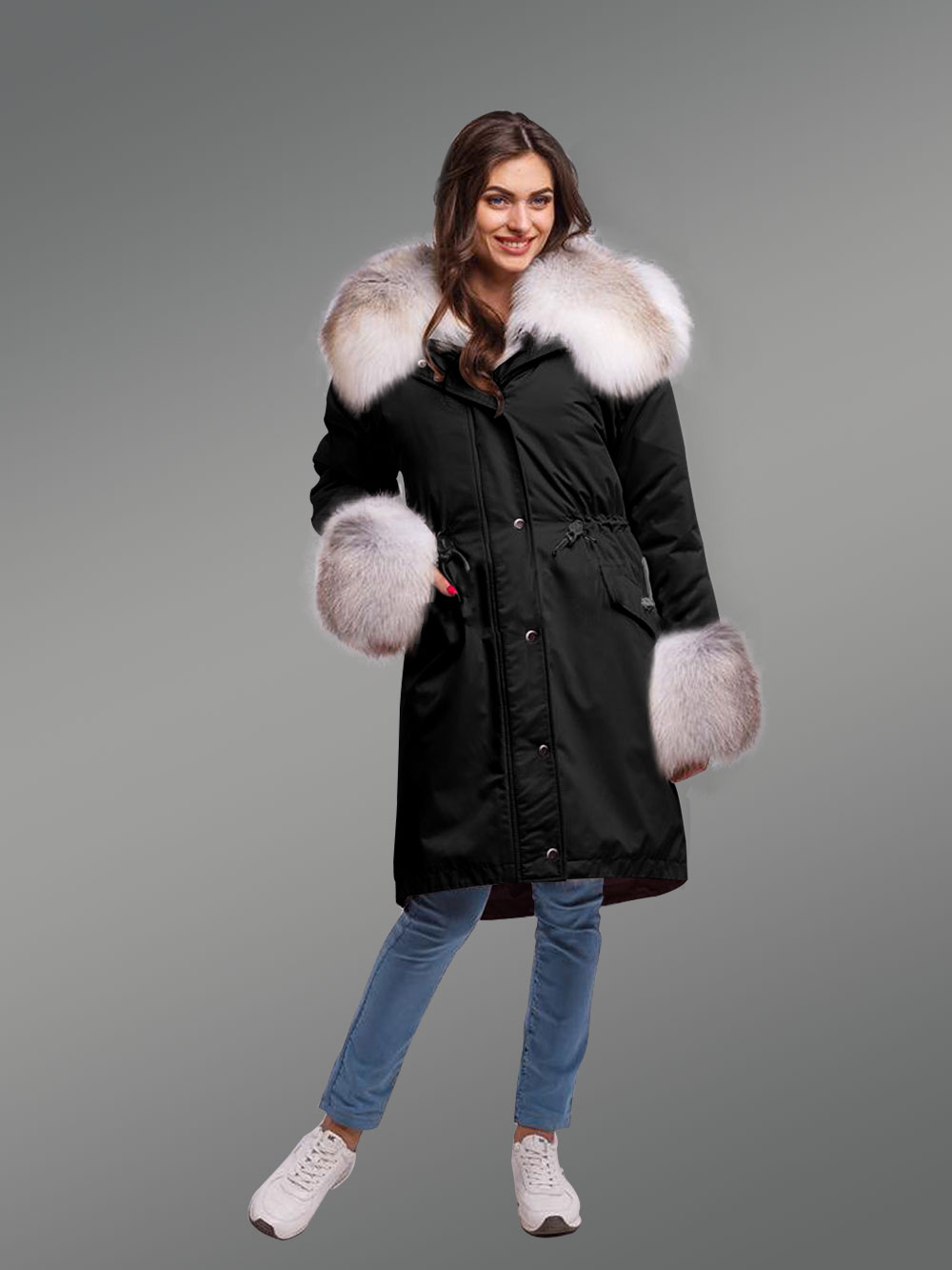 Blue Frost Fox Fur Hybrid Black Parka Convertibles With Fox Liner