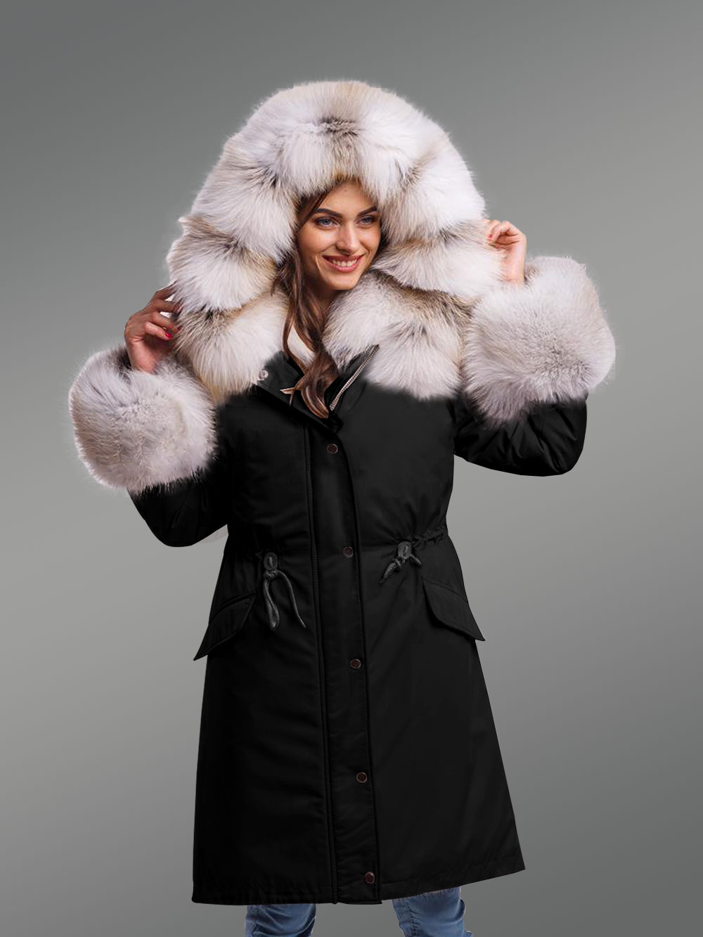 Blue Frost Fox Fur Hybrid Black Parka Convertibles With Fox Liner