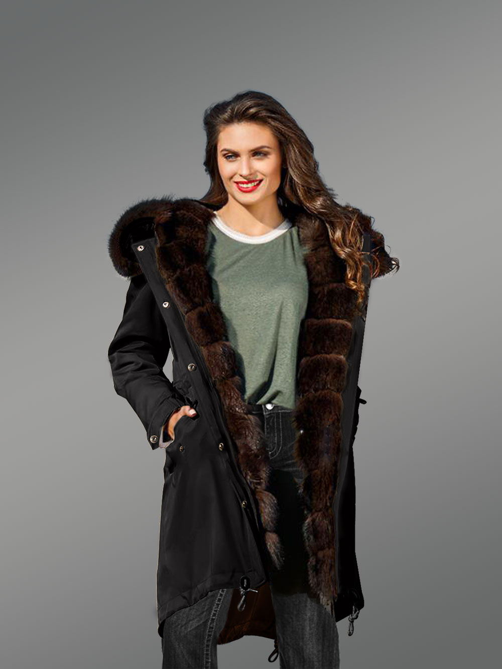 Exotic Arctic Fox Fur Black Parka Convertibles With Fox Liner