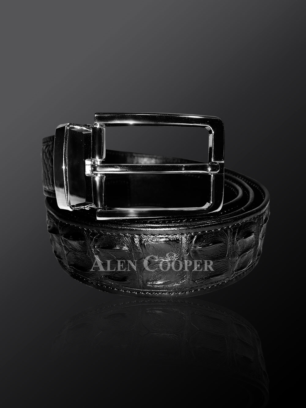 Genuine alligator skin black leather belt with metal buckle