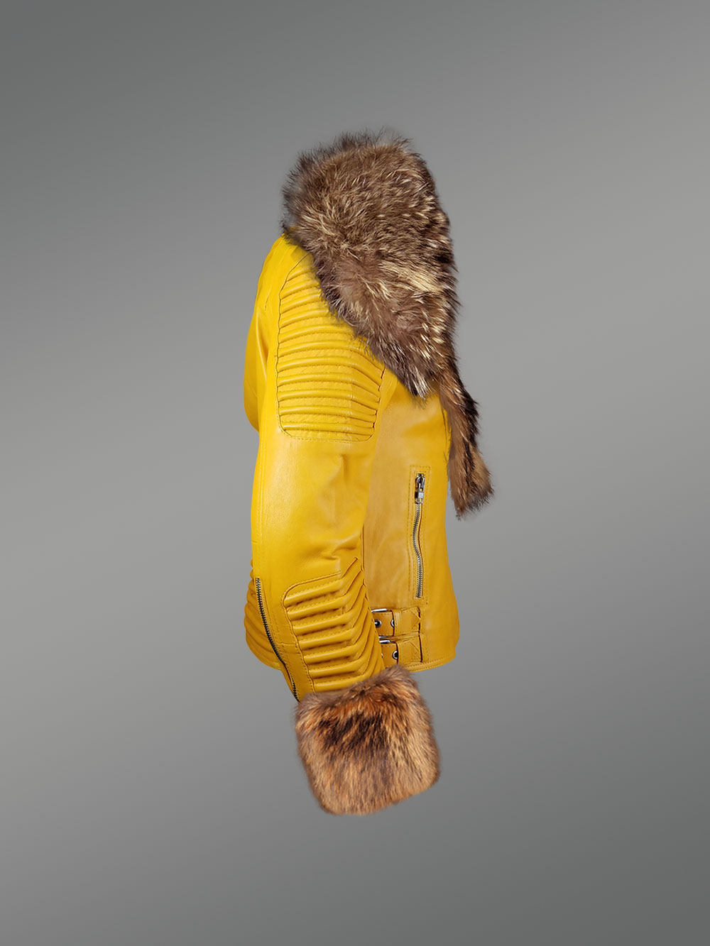 Genuine leather jacket in yellow with removable fur collar and handcuffs