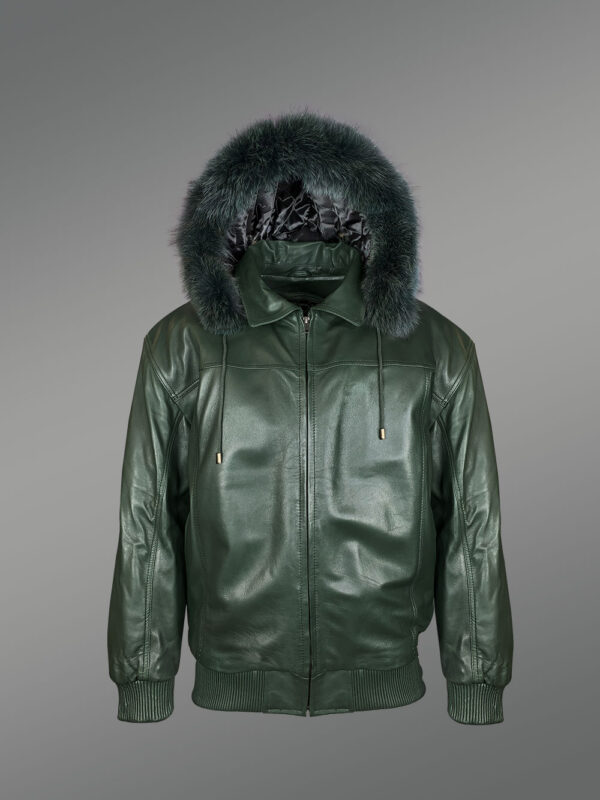 Green Real Leather Bomber Styled Jacket with Hood