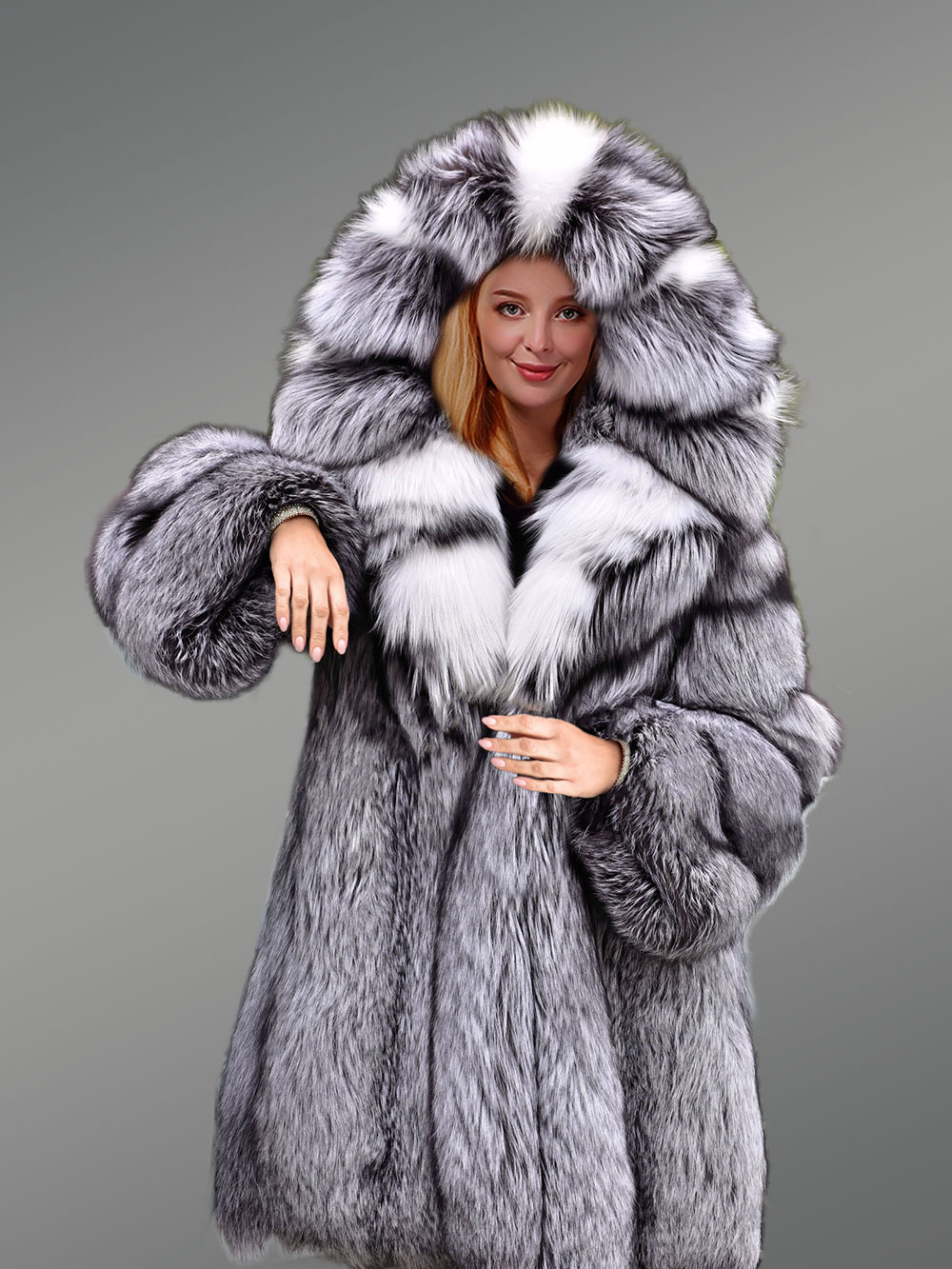 Silver Fox Fur Long Coat For Women
