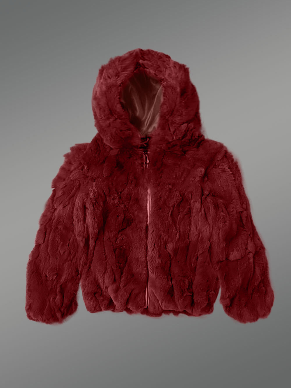 Burgundy Rabbit Fur Bomber Jacket with a Hood for Kids