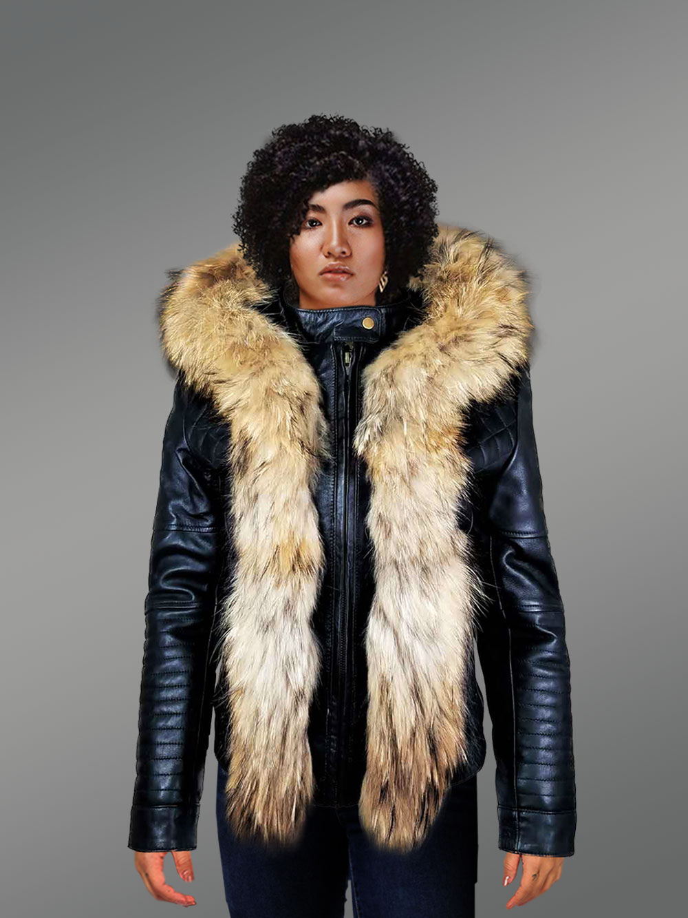 Leather Parka Jacket with Genuine Fur Trim