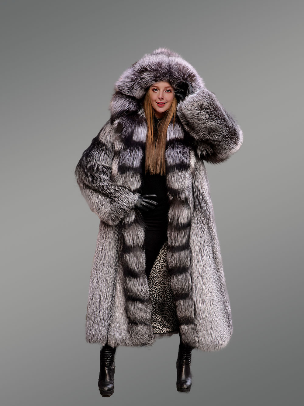 Long Silver Fox Coat with hood