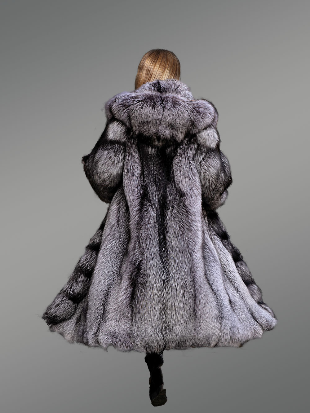 Long Silver Fox Coat with hood