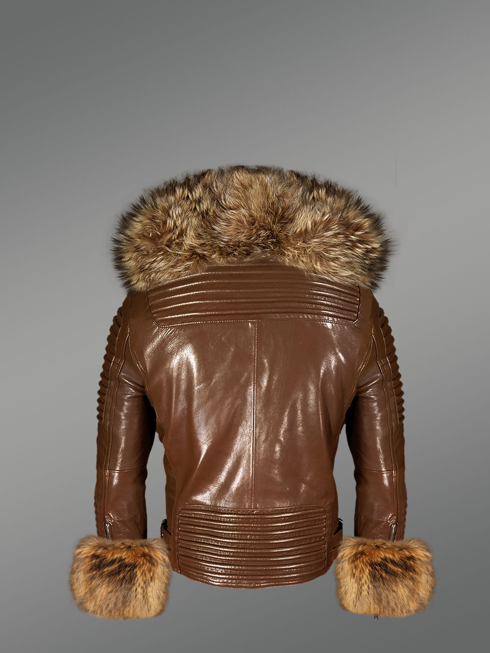 Men’s brown leather jacket with genuine fur hood and handcuffs
