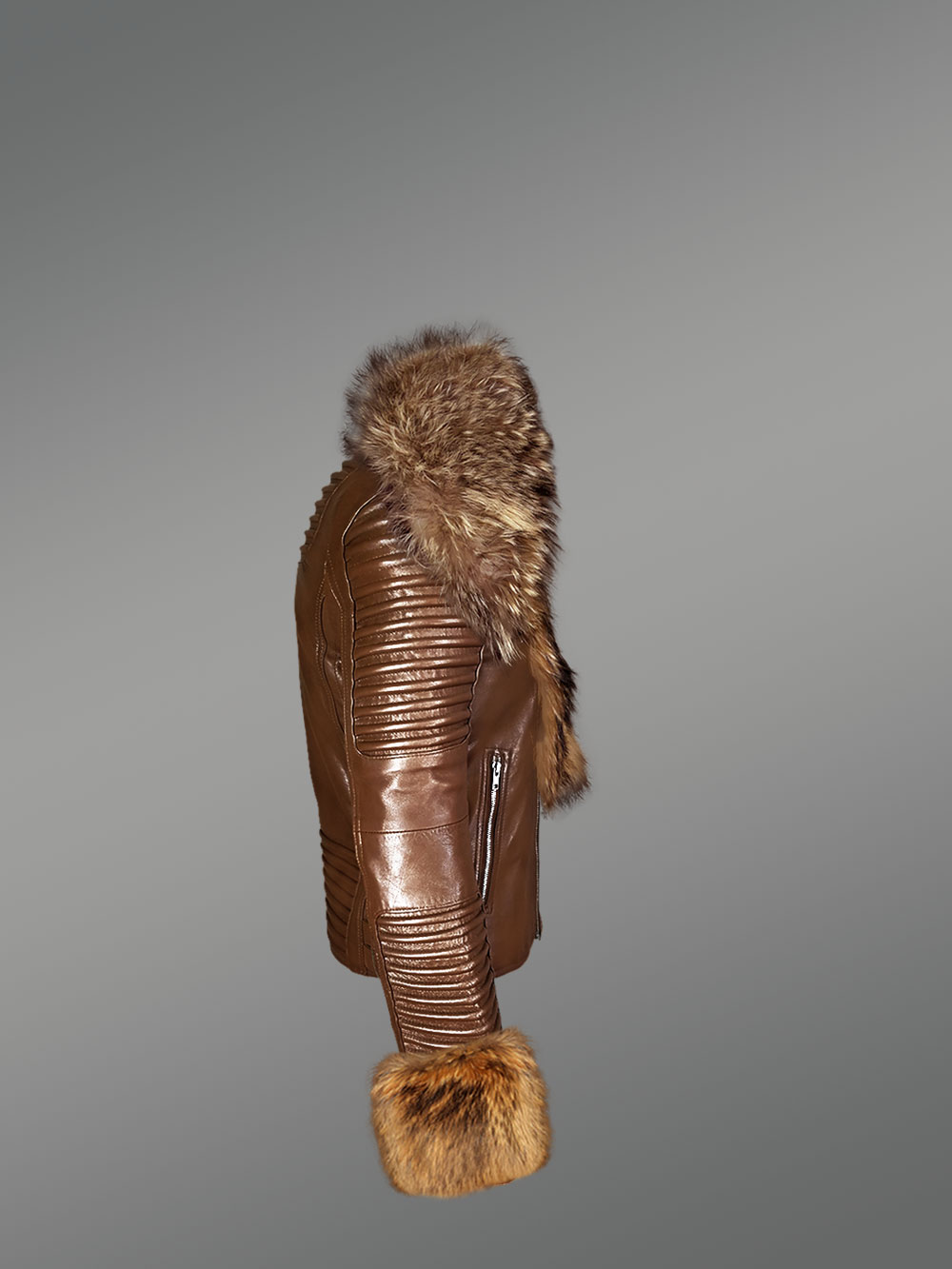 Men’s brown leather jacket with genuine fur hood and handcuffs