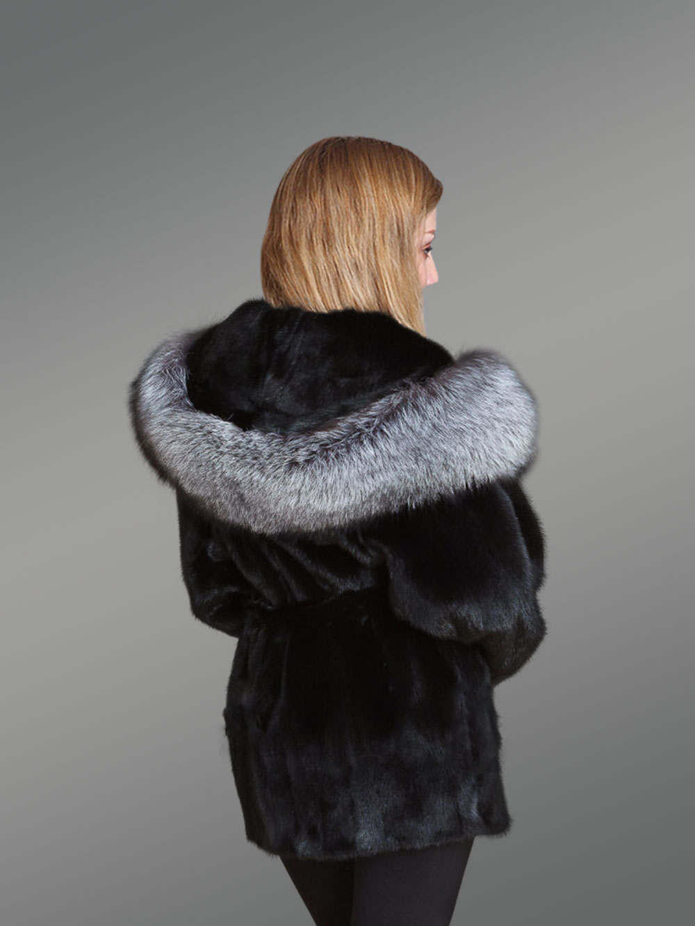 Mink Fur Coat With Silver Fox Fur Hood And Lapels