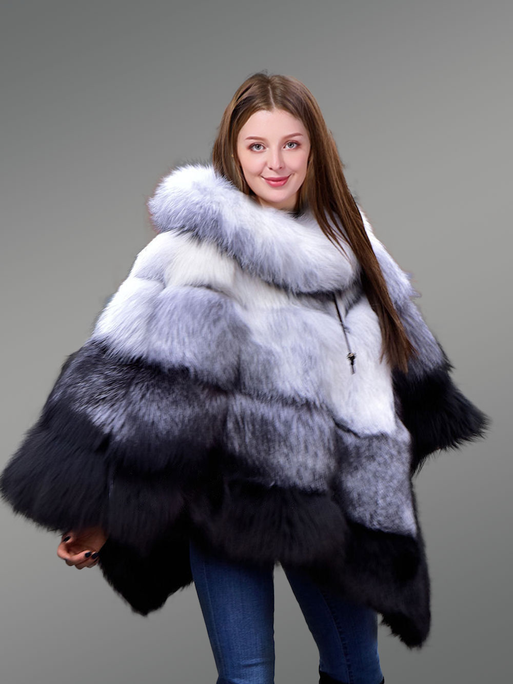 Knitted Fox Fur Winter Poncho