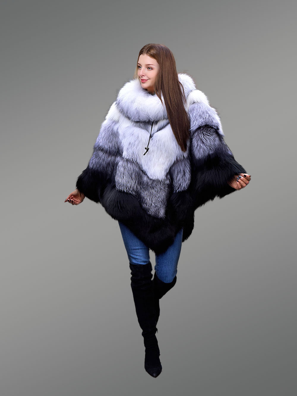 Knitted Fox Fur Winter Poncho