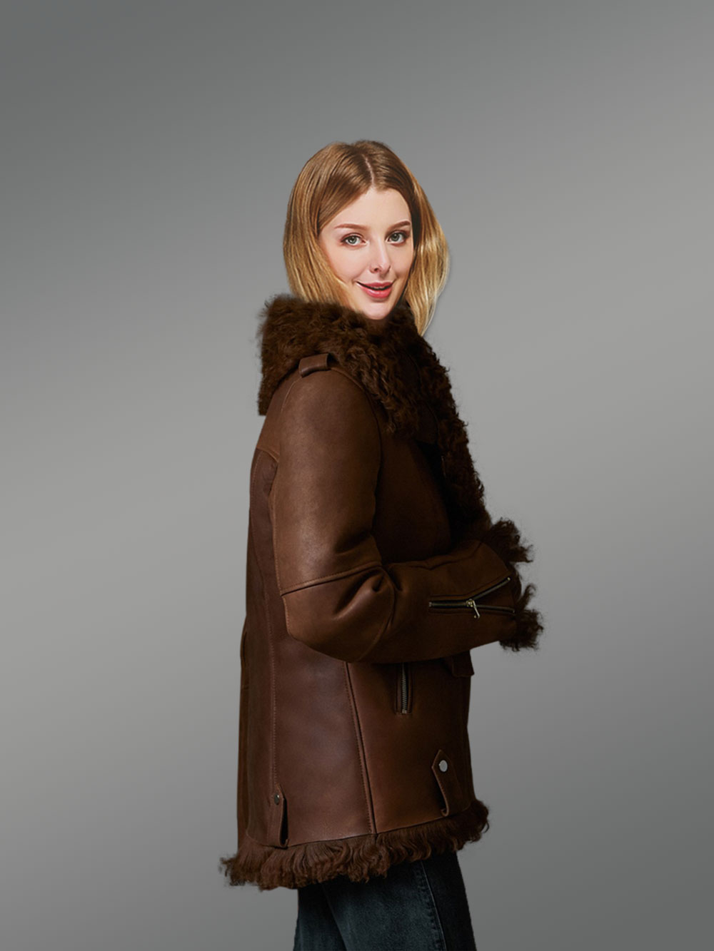 Sheepskin Shearling Jacket in Dark Brown For Women