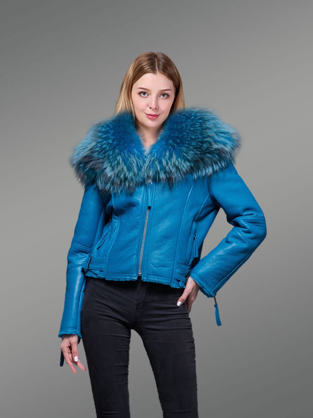 Short blue Shearling Jacket